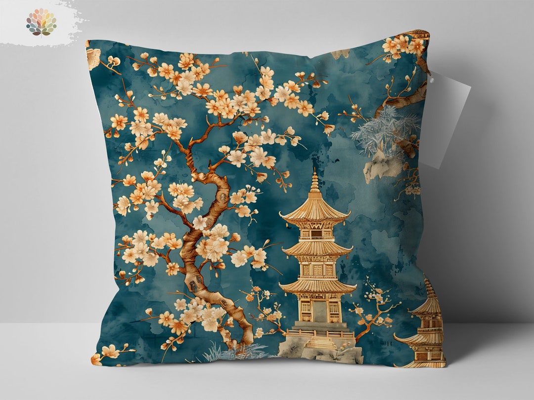 Chinoiserie Blue Floral Pagoda Pillow, Elegant Home Decor, Asian ...