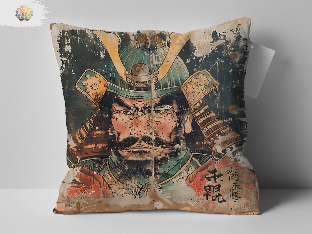 Japandi Wabi Sabi Chinoiserie Samurai Warrior Rustic Art Pillow ...