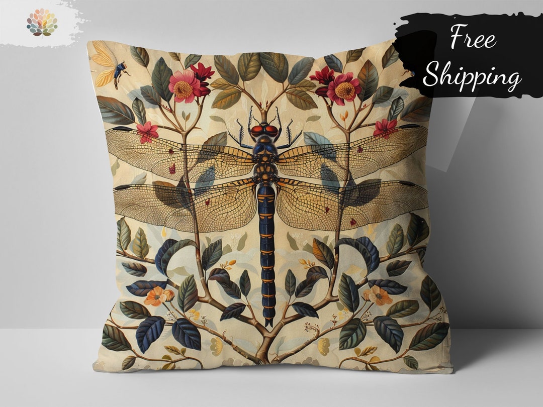 Vintage William Morris Print Dragonfly Botanical Decorative Throw Pillow, Artistic Home Decor ...