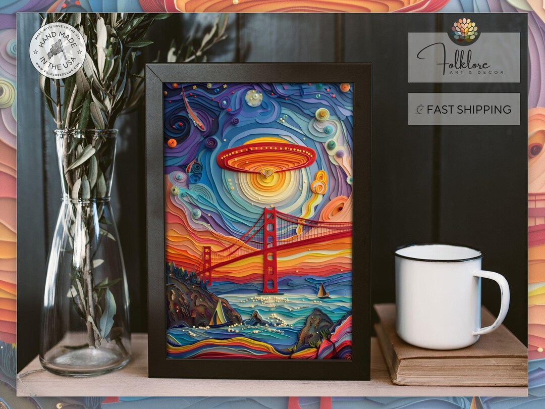 Golden Gate Bridge Alien Abduction Ufo Art Retro Futurism, Altered Art ...