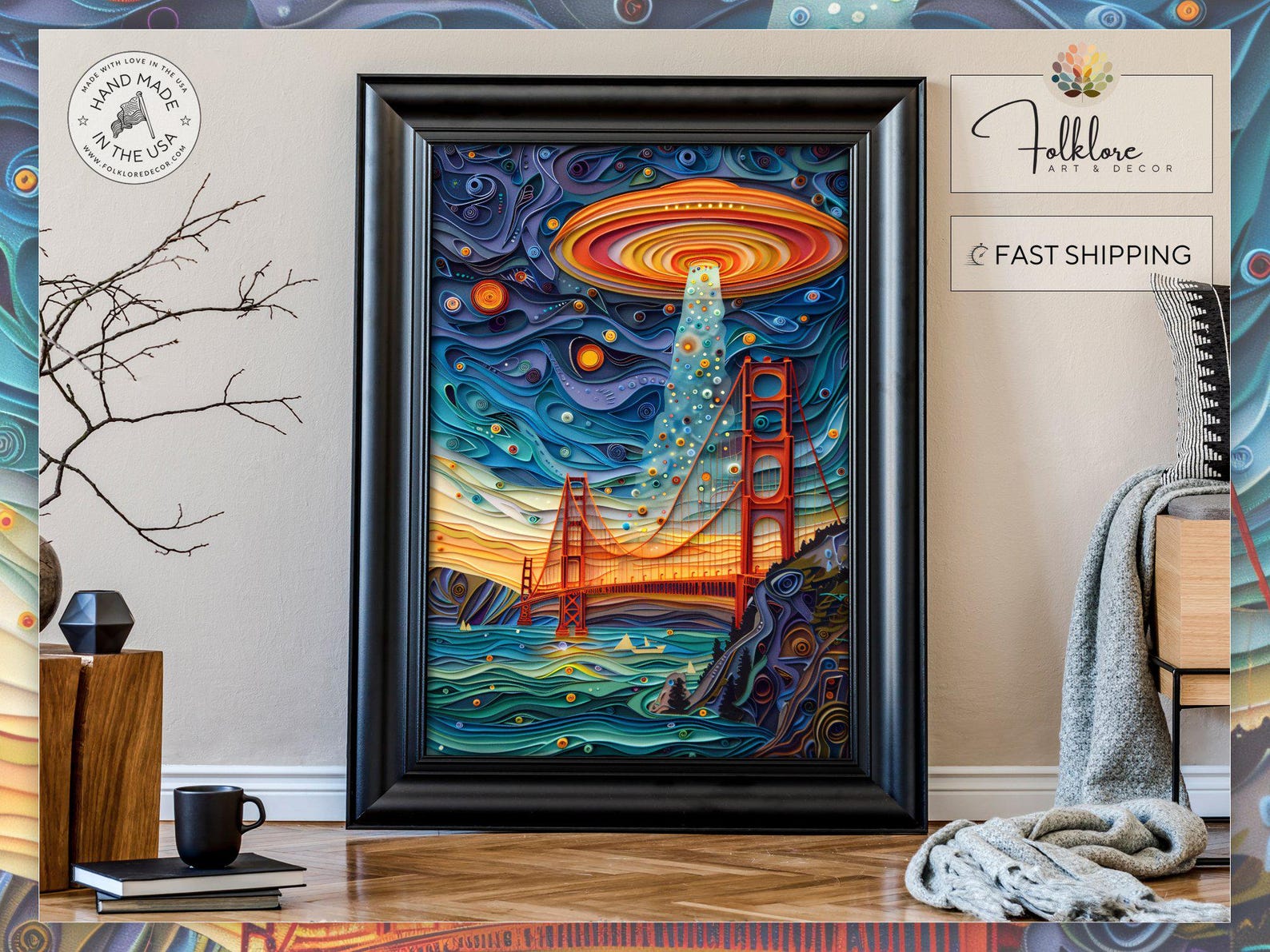 Golden Gate Bridge Alien Abduction Ufo Art Retro Futurism, Altered Art ...
