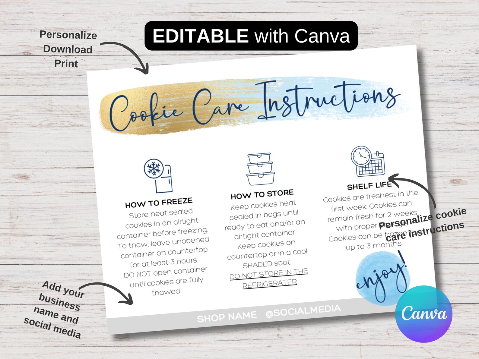 Editable Cookie Care Instructions Template | Cookie Storage Card ...
