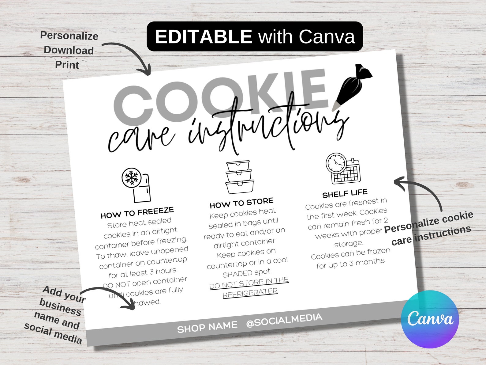 Editable Cookie Care Instructions Template | Cookie Storage Card ...