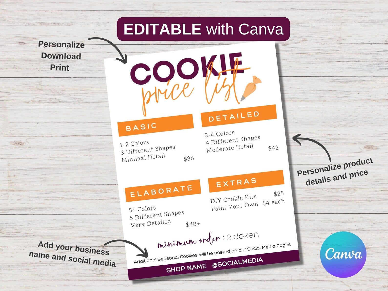 Editable Price List | Sugar Cookie Price List | Canva Template | Cookie ...