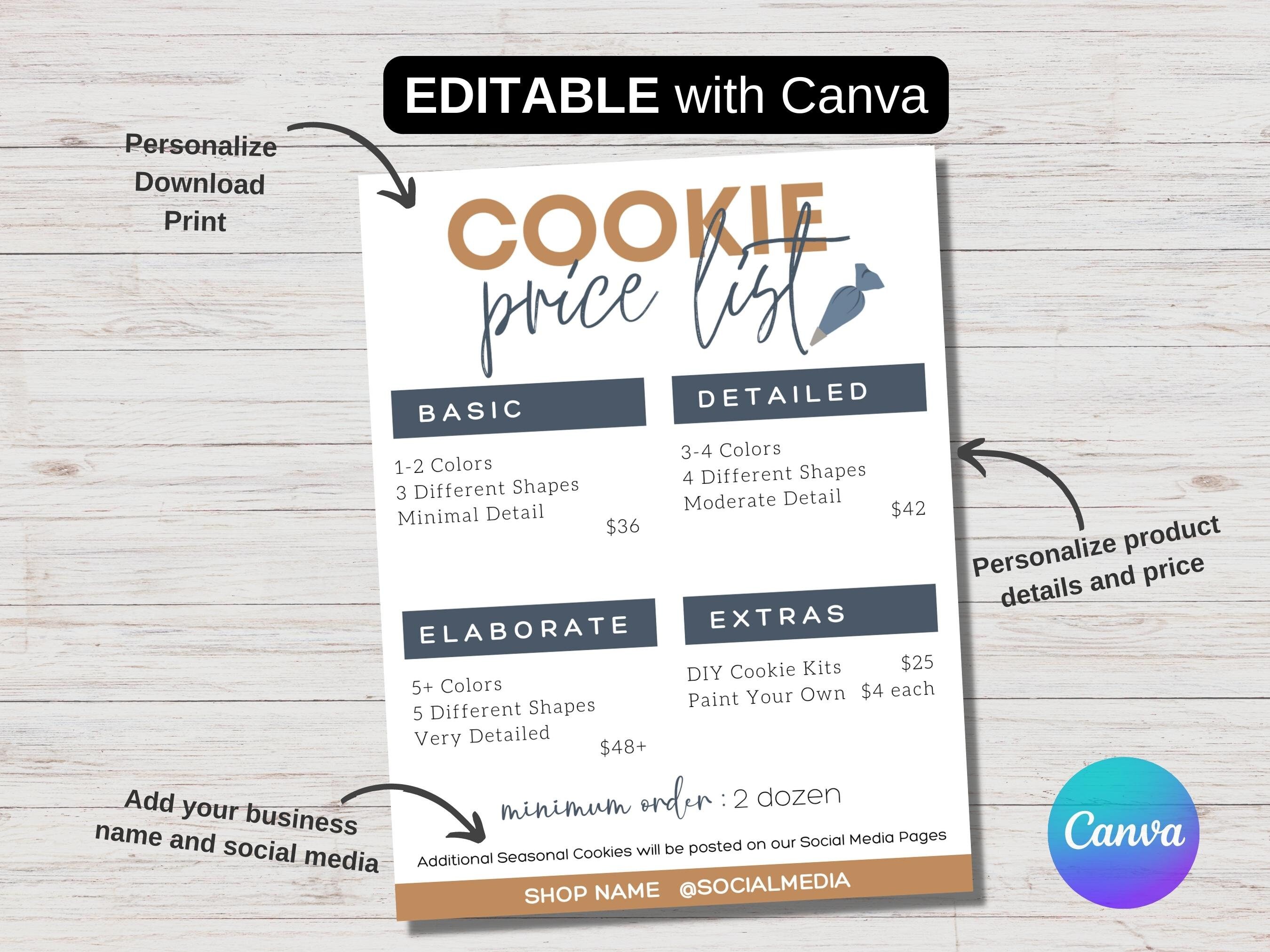 Editable Price List Sugar Cookie Price List Canva Template Cookie ...