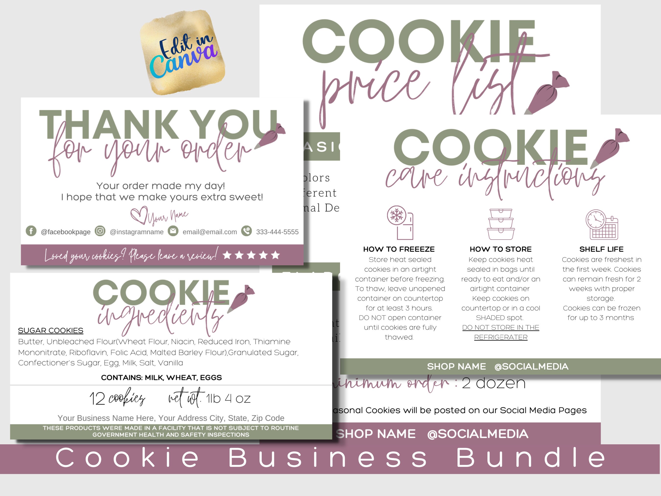 Cookie Business Template Bundle | Thank You Cards, Care Instructions ...