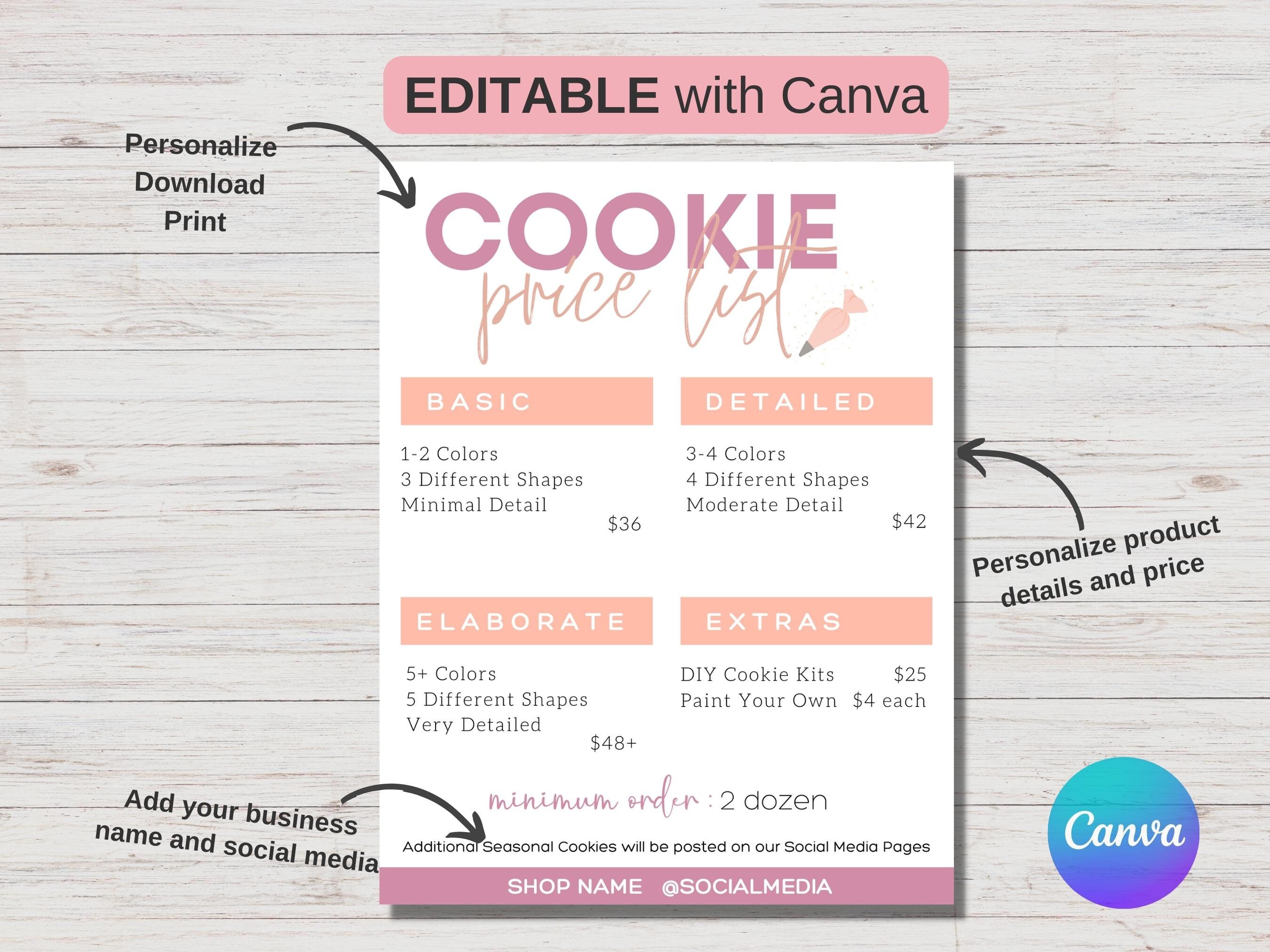 Editable Price List | Sugar Cookie Price List | Canva Template | Cookie ...