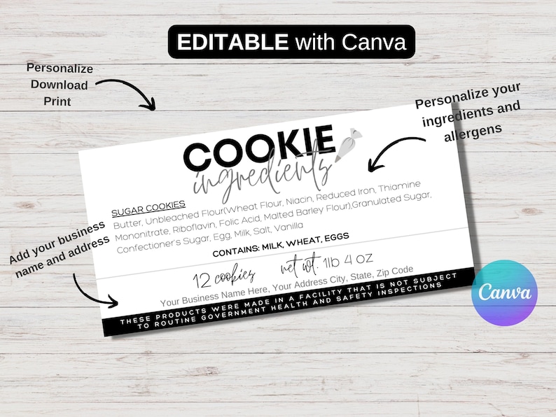 Editable Ingredients Label Template | Cottage Food Law Label | Canva ...