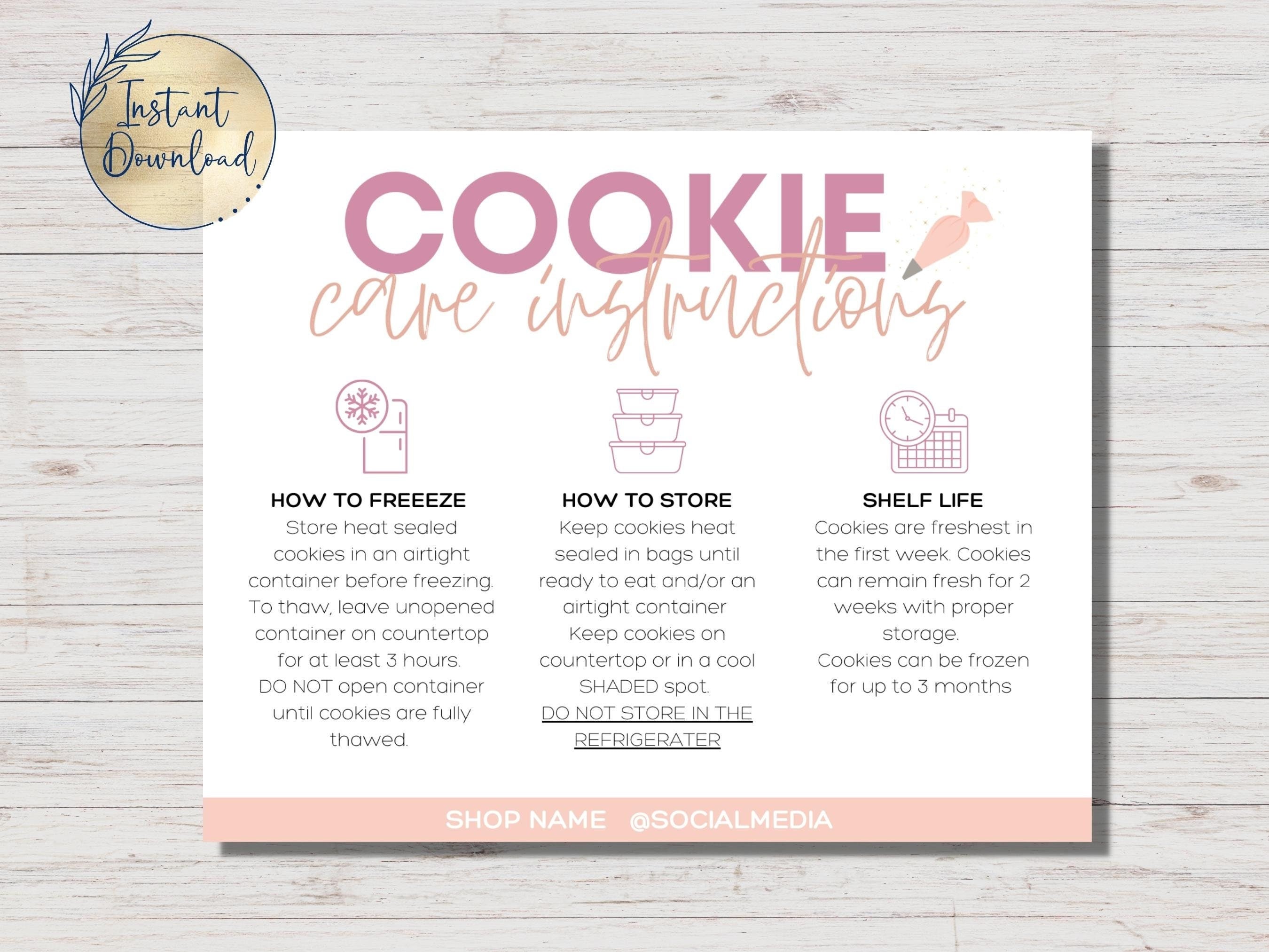 Editable Cookie Care Instructions Template | Cookie Storage Card ...