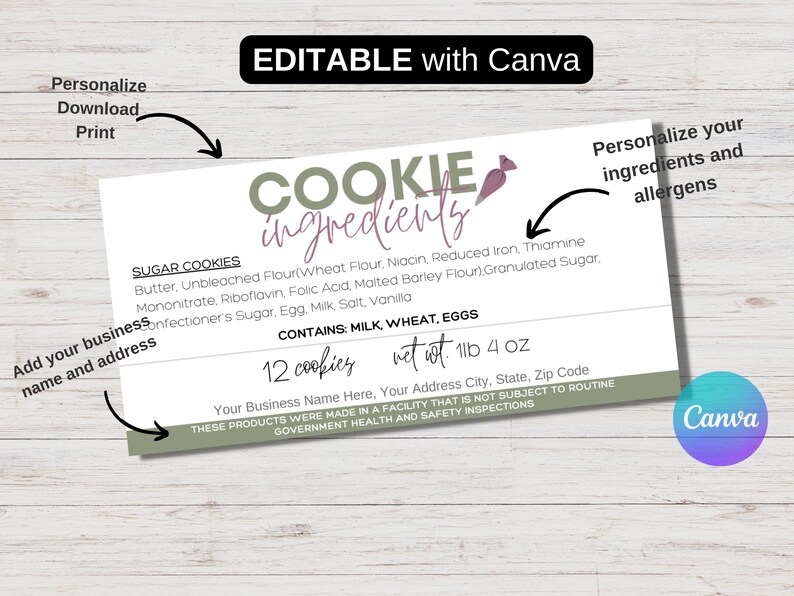 Editable Ingredients Label Template | Cottage Food Label | Canva ...