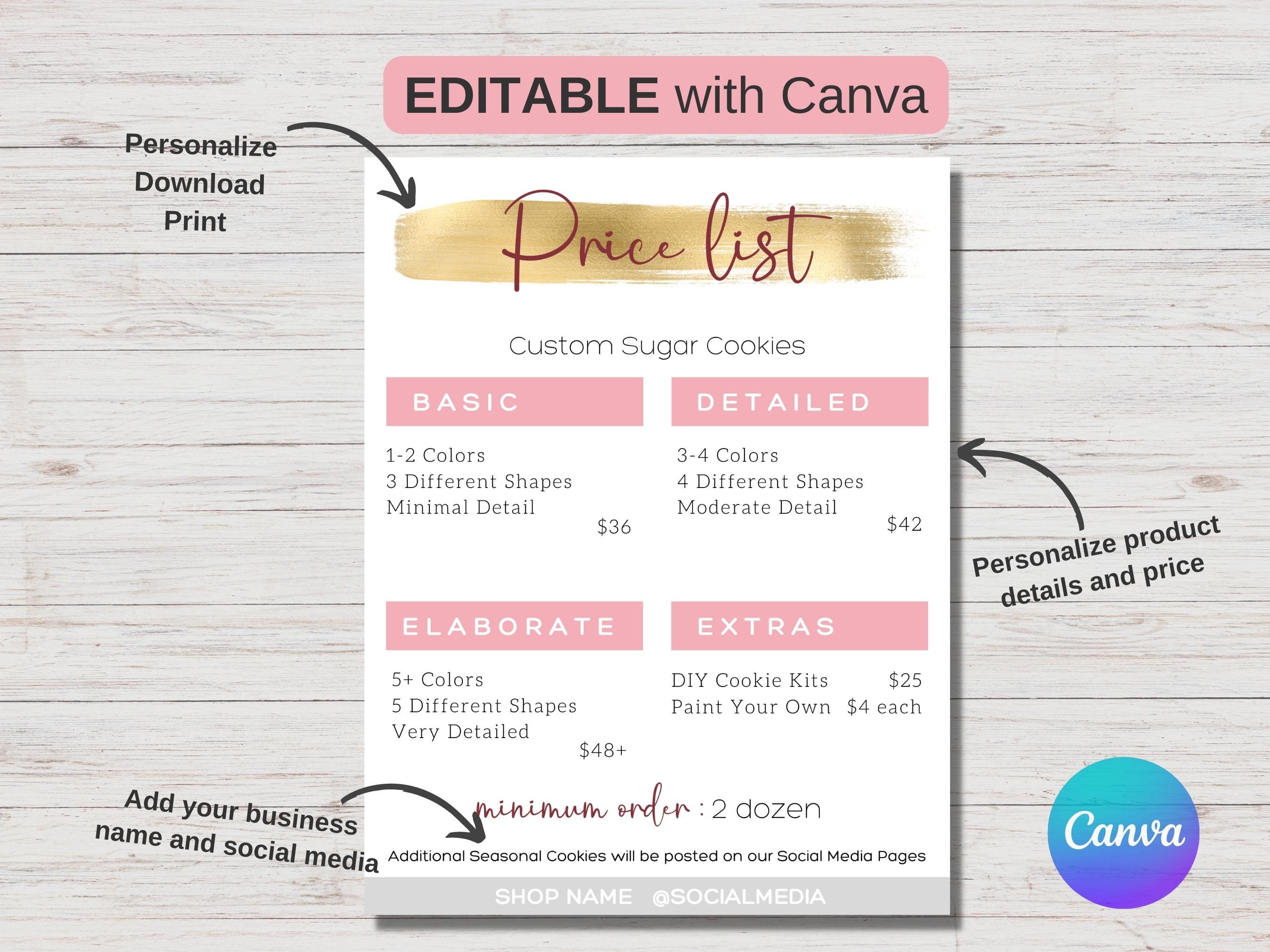 Editable Price List | Sugar Cookie Price List | Canva Template | Cookie ...