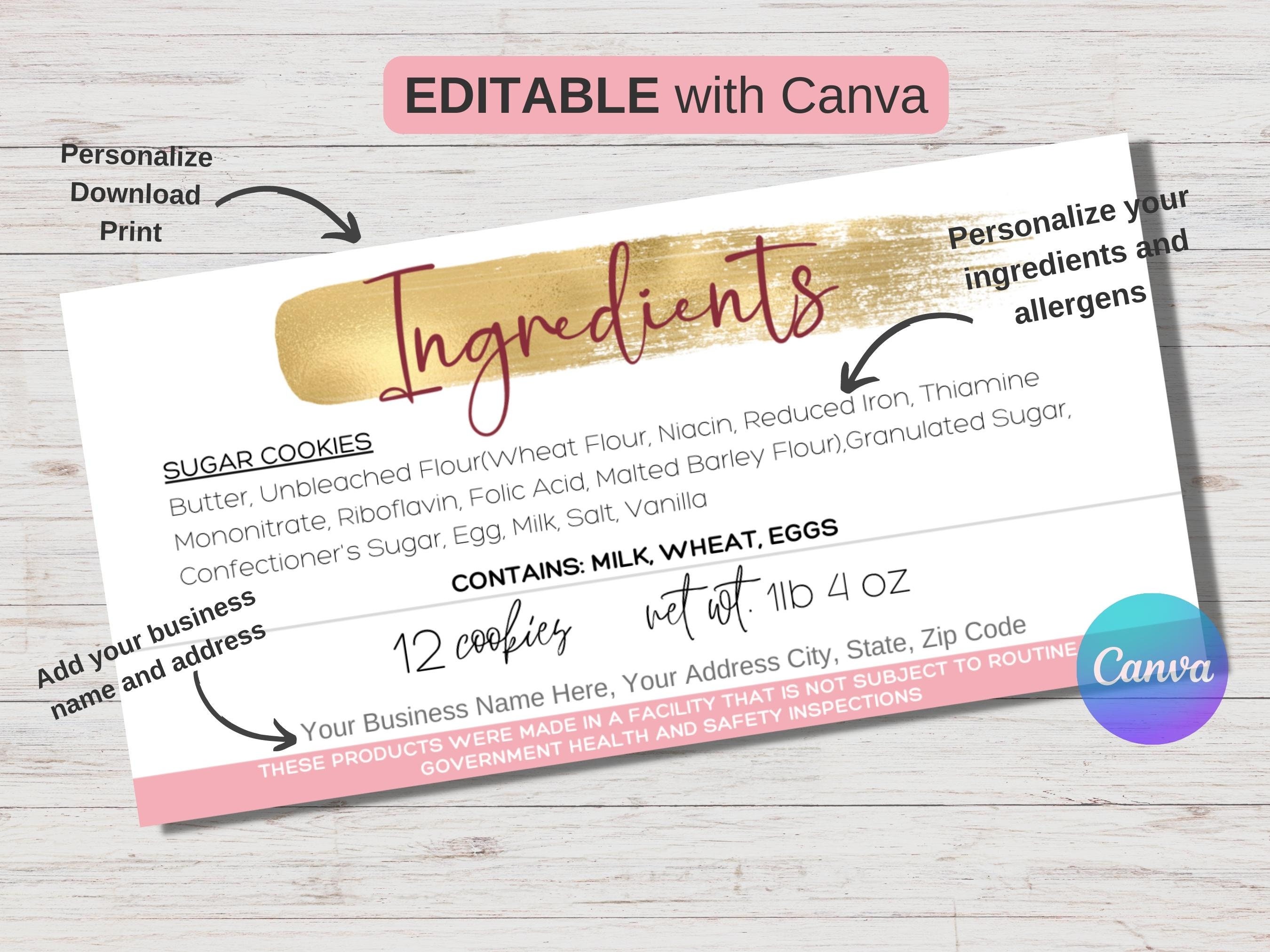 Editable Cottage Food Label | Ingredients Label | Canva Template ...