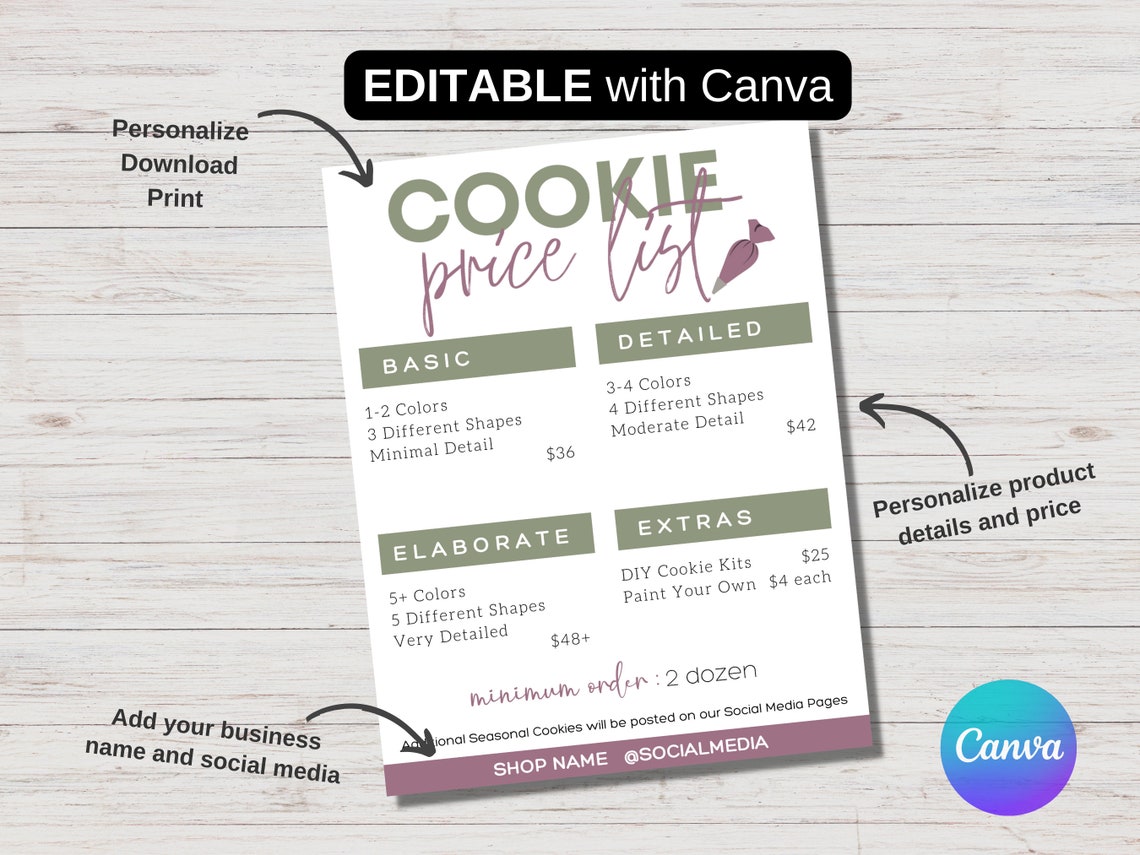 Editable Price List | Sugar Cookie Price List | Canva Template | Cookie ...