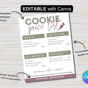 Editable Price List | Sugar Cookie Price List | Canva Template | Cookie ...