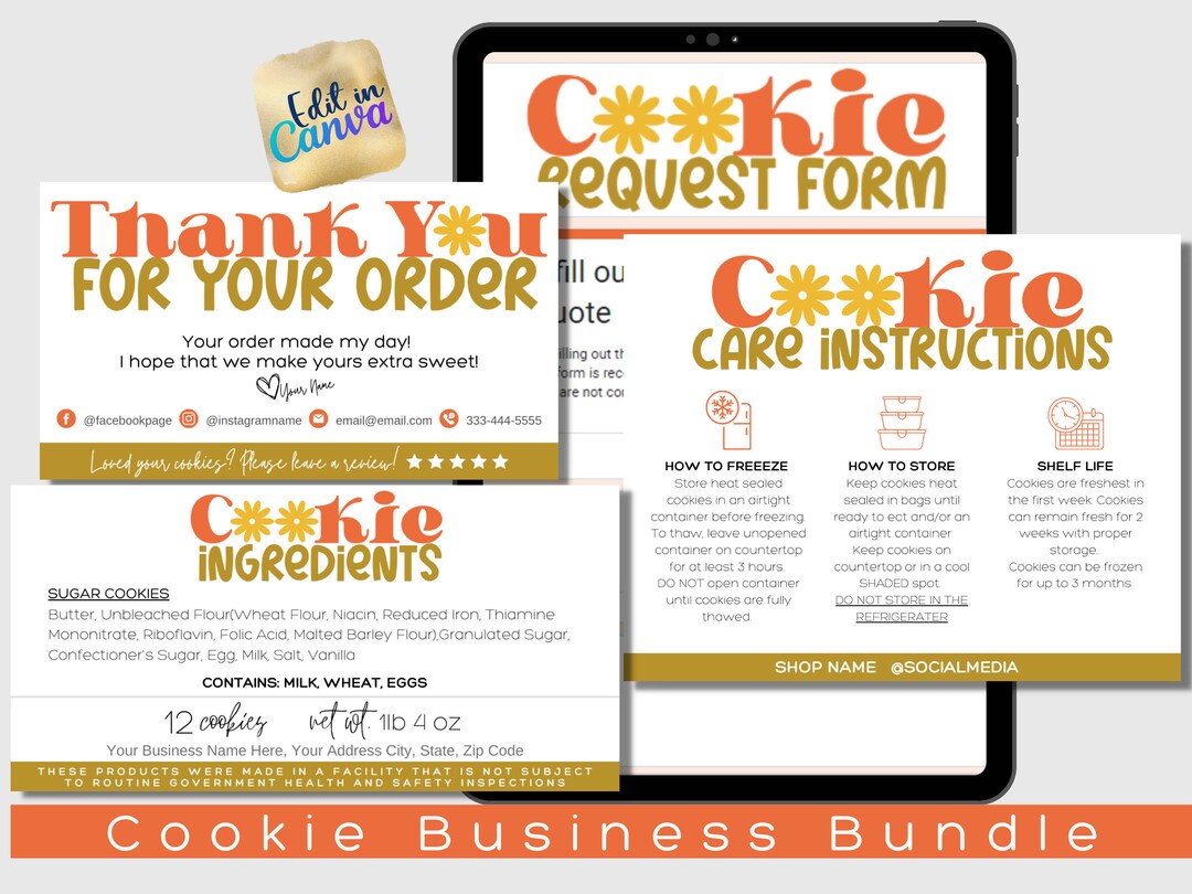 Cookie Business Bundle | Packaging Inserts | Ingredients Label | Cookie Request Form | Business ...