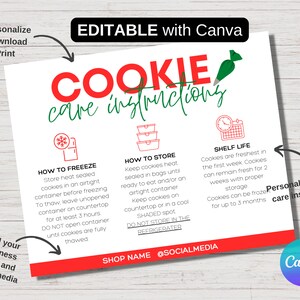 Editable Cookie Care Instructions Template Cookie Storage Card Canva ...