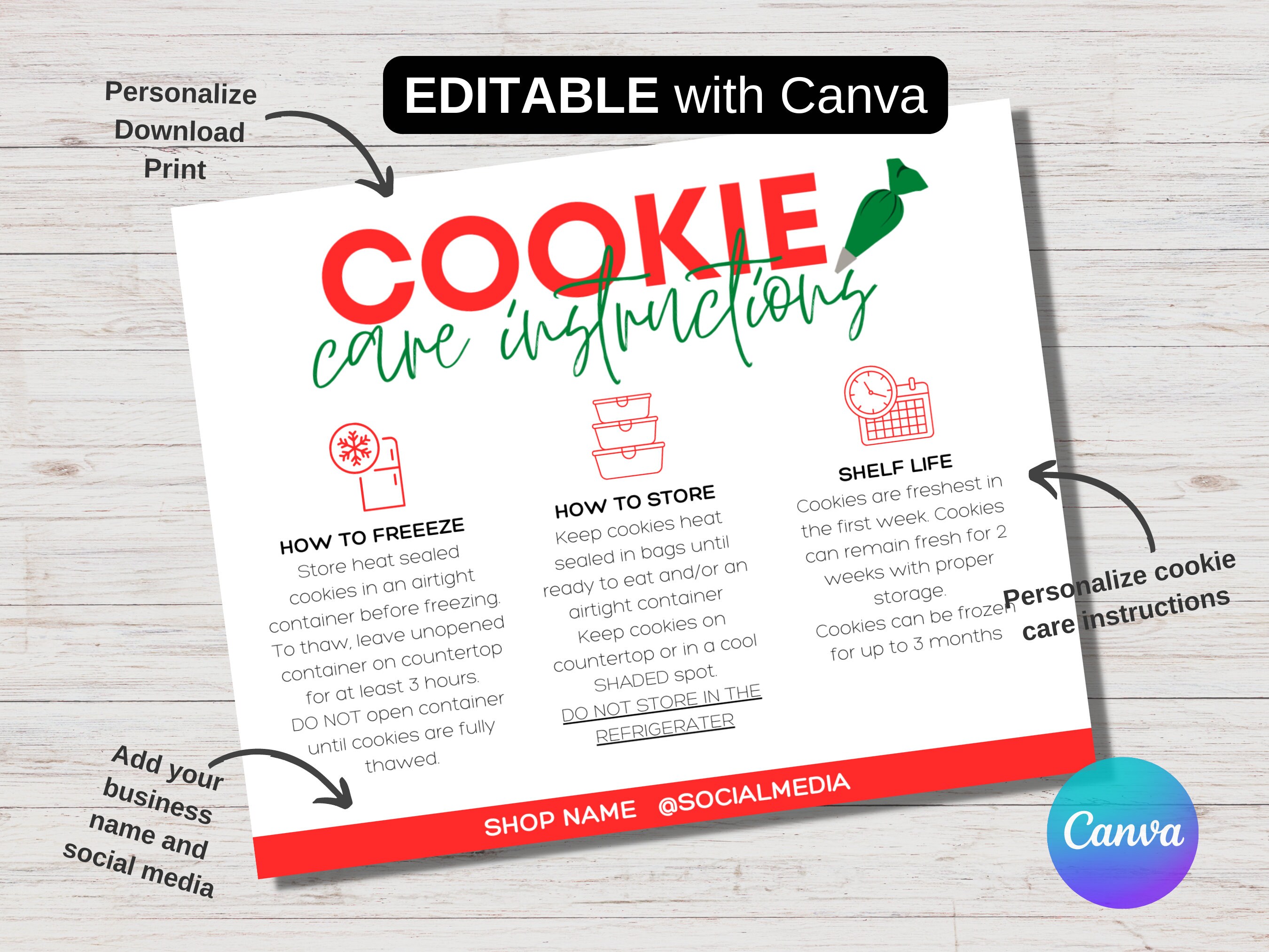 Editable Cookie Care Instructions Template Cookie Storage Card Canva ...
