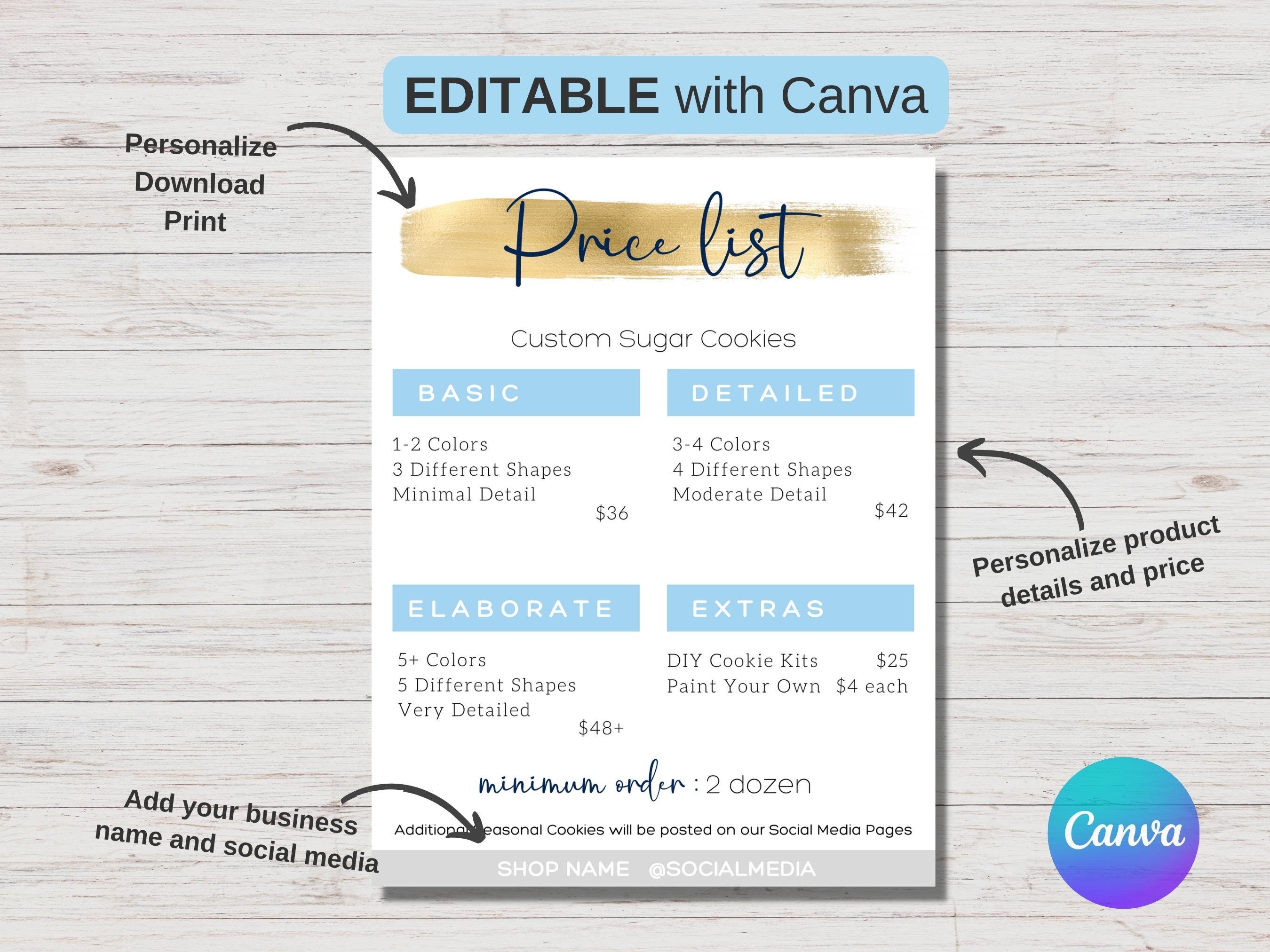 Editable Price List | Sugar Cookie Price List | Canva Template | Cookie ...