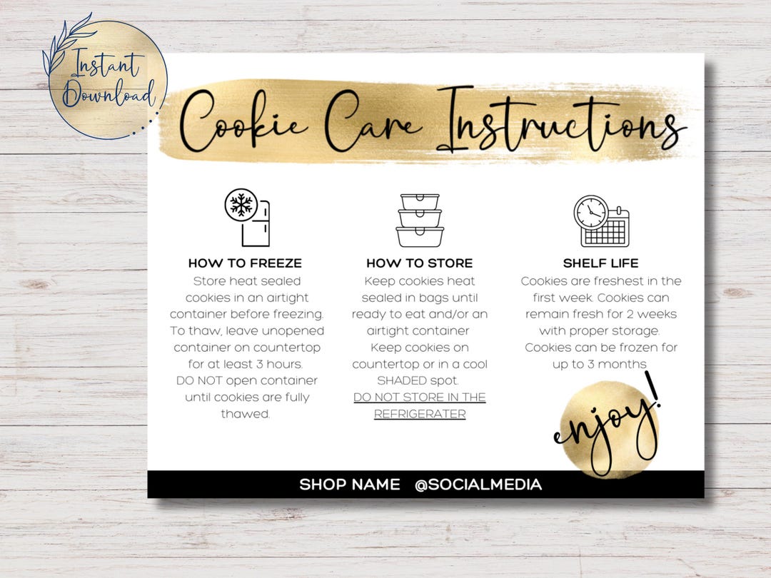 Editable Cookie Care Instructions Template | Cookie Storage Card ...