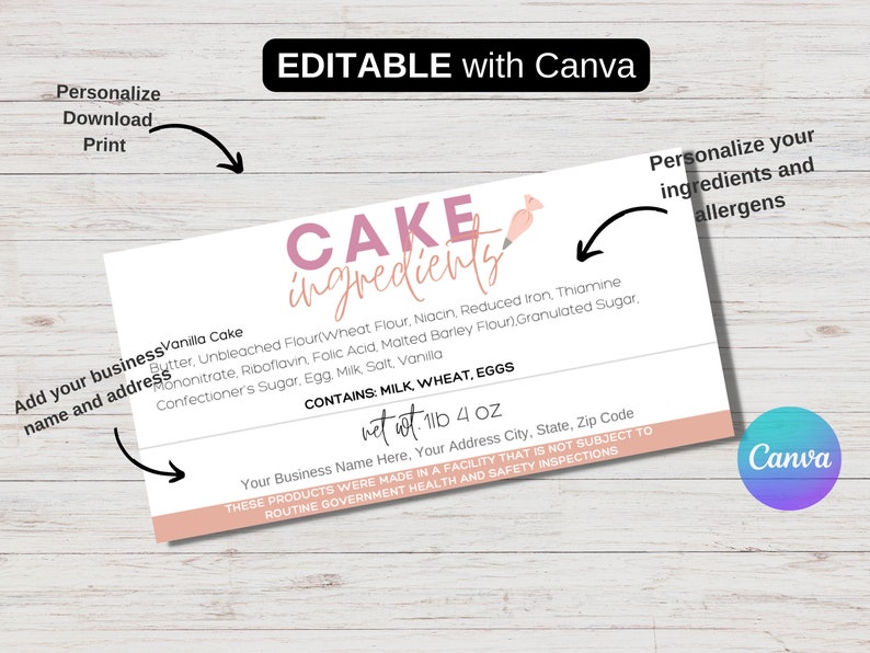 Editable Ingredients Label Template | Cottage Food Law Label | Canva ...