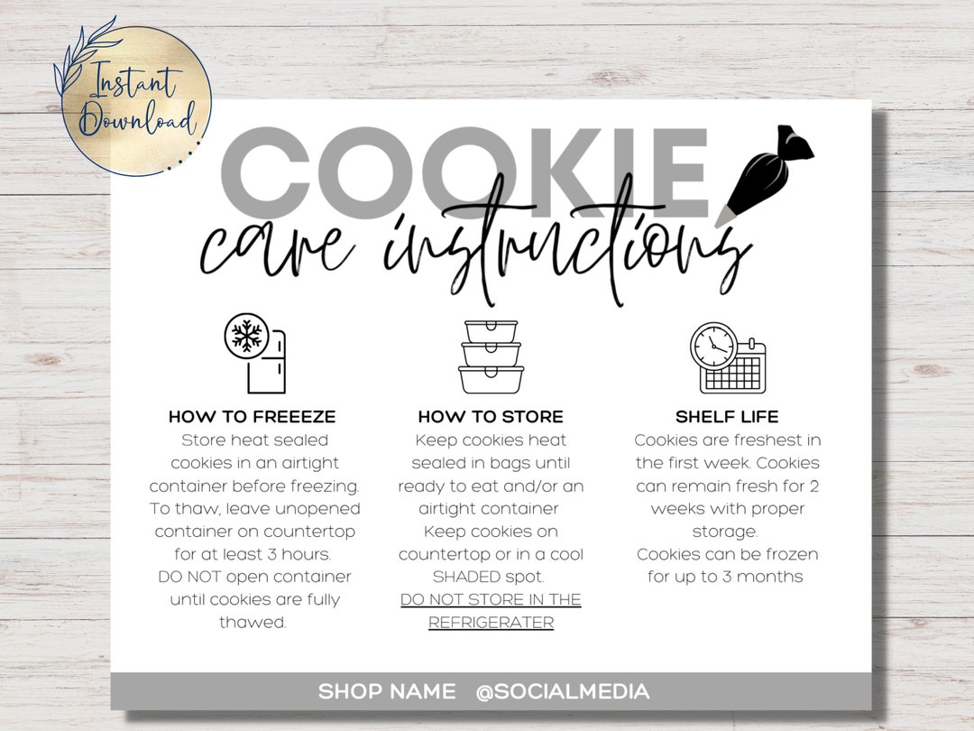 Editable Cookie Care Instructions Template | Cookie Storage Card ...