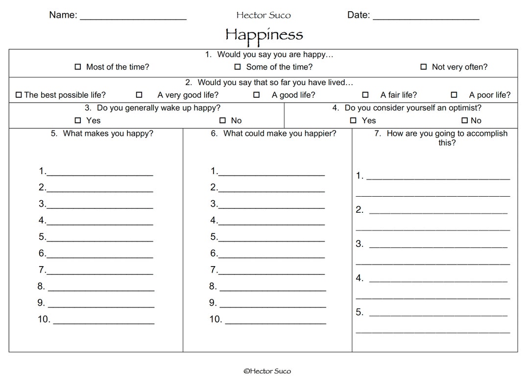 Happiness Worksheet - Etsy