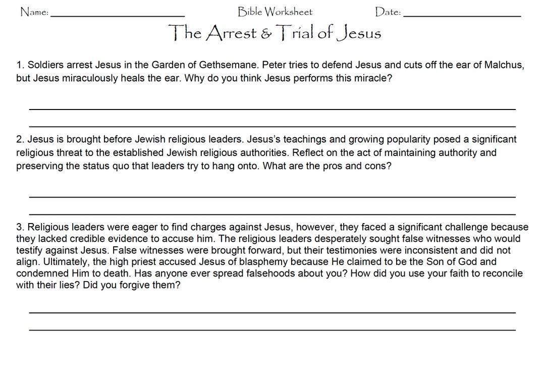 The Arrest & Trial of Jesus Worksheet - Etsy