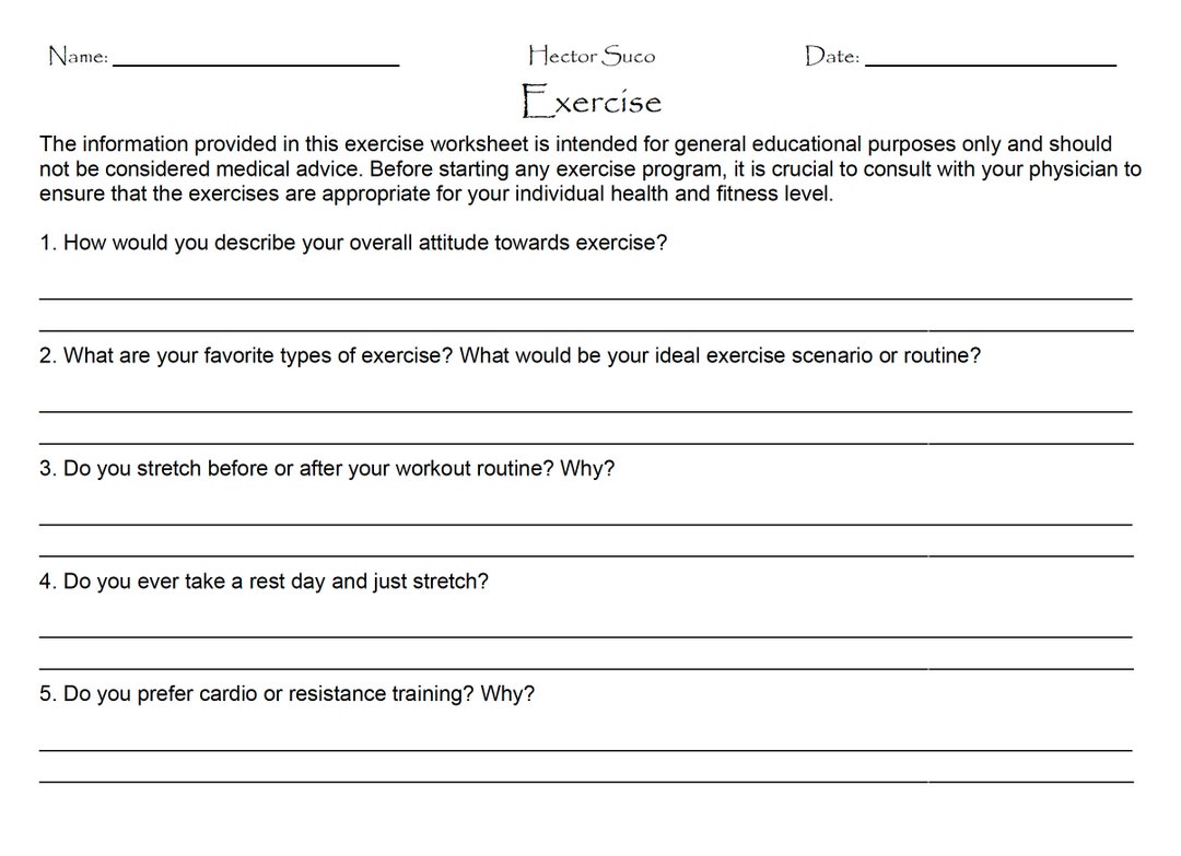 Exercise Worksheet for Physical Fitness, Health, & Wellness - Etsy