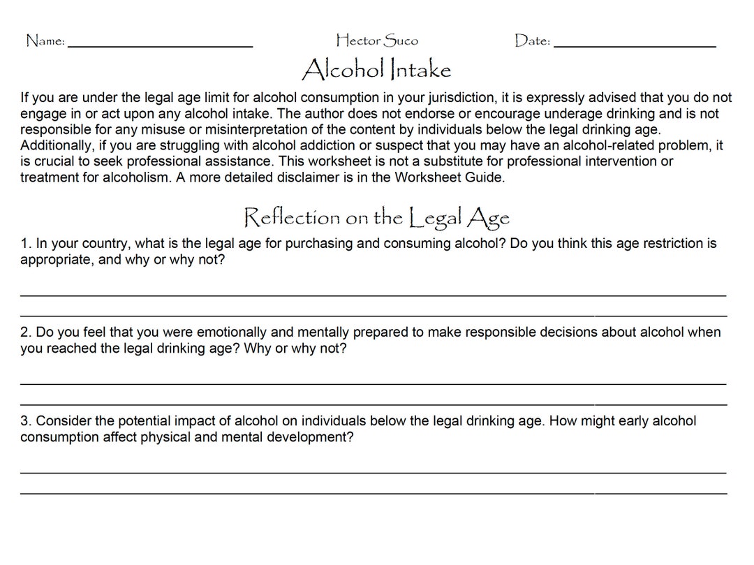 Alcohol Intake Worksheet: Reflect on Legal Age, Personal Consumption ...