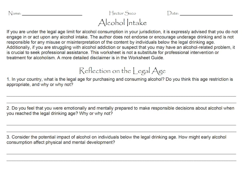 Alcohol Intake Worksheet: Reflect on Legal Age, Personal Consumption ...