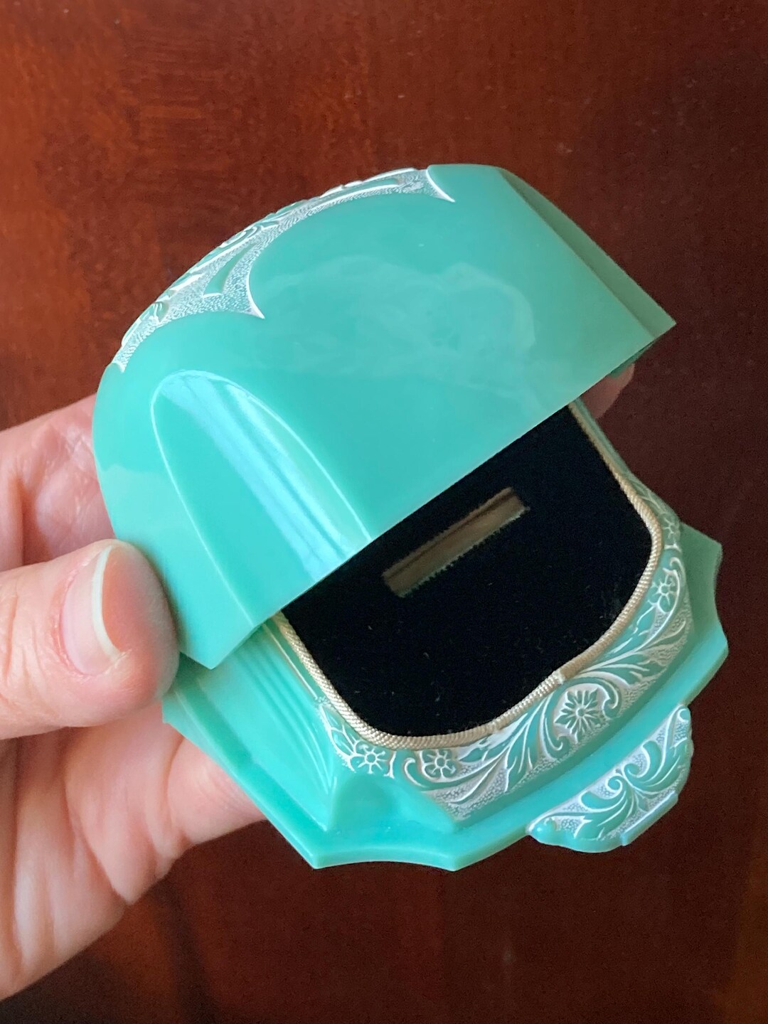 JC Warner Art Deco Teal/aqua Celluloid Single Ring Box With Black ...