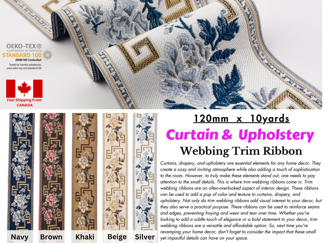 Curtain & Upholstery Webbing Trim Ribbon 120mm , 10yards Pack, Tapestry ...