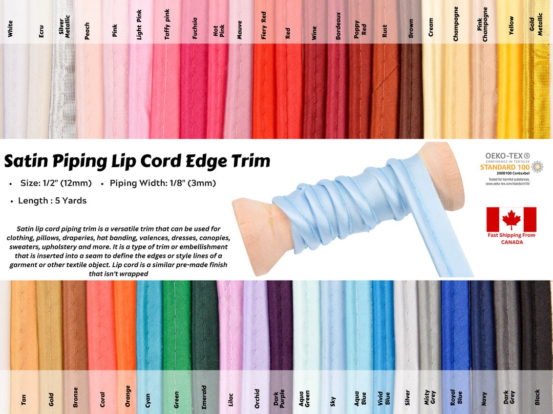 12mm Satin Piping Lip Cord Edge Trim - 3mm Width, Trim for Clothing ...