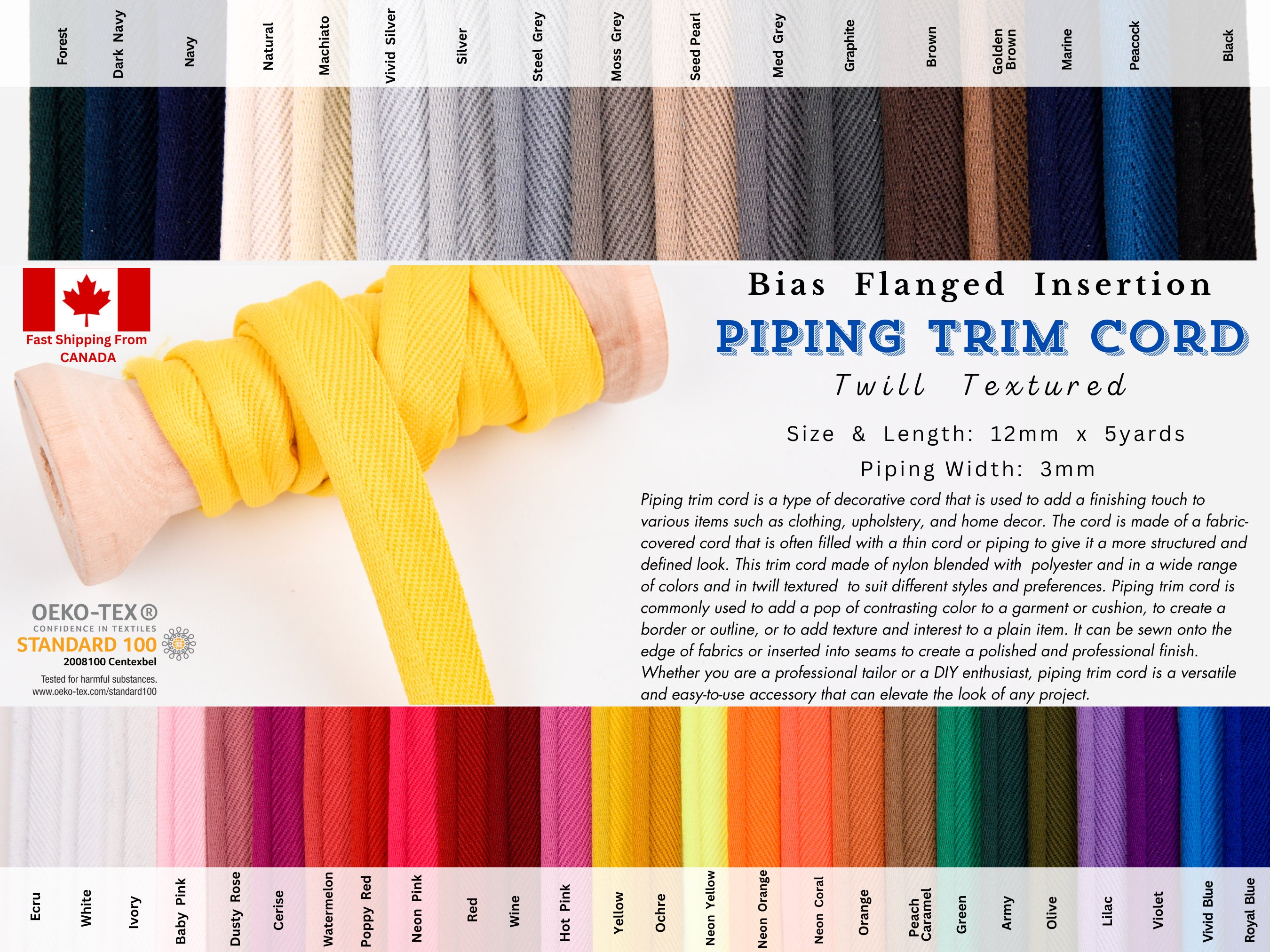 Twill Textured Piping Trim Cord: Flanged Bias Insertion, 12mm X 5yards ...