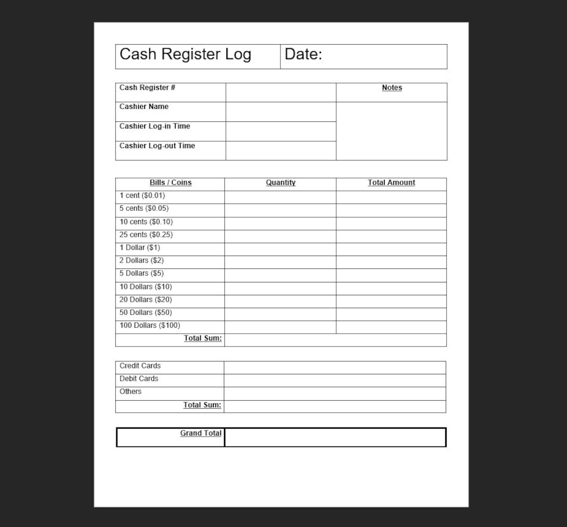 Cash Register Log Cash Registry Cash Log Petty Cash Money Log Closing ...