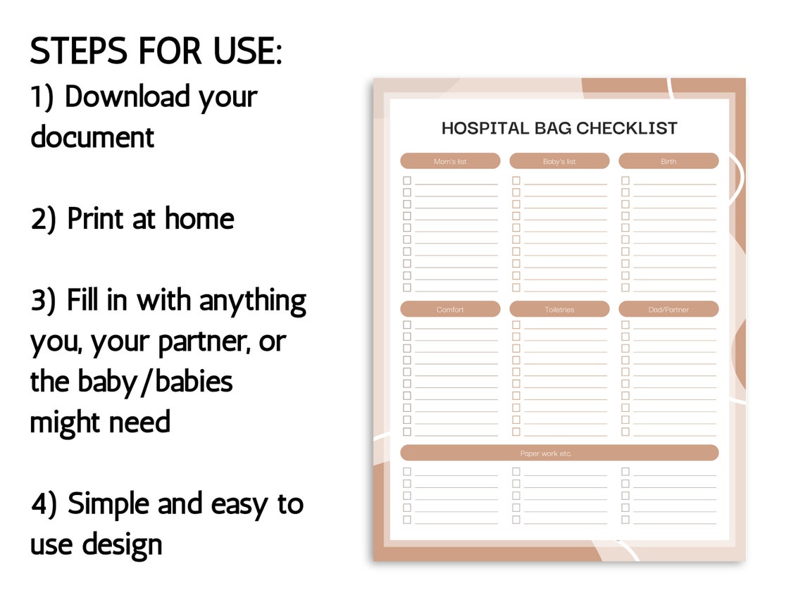 Blank Hospital Bag Checklist for Labor and Delivery Printable, Hospital ...