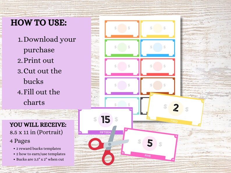 Kids Reward Bucks, Chore Chart System, EDITABLE Printable (digital ...