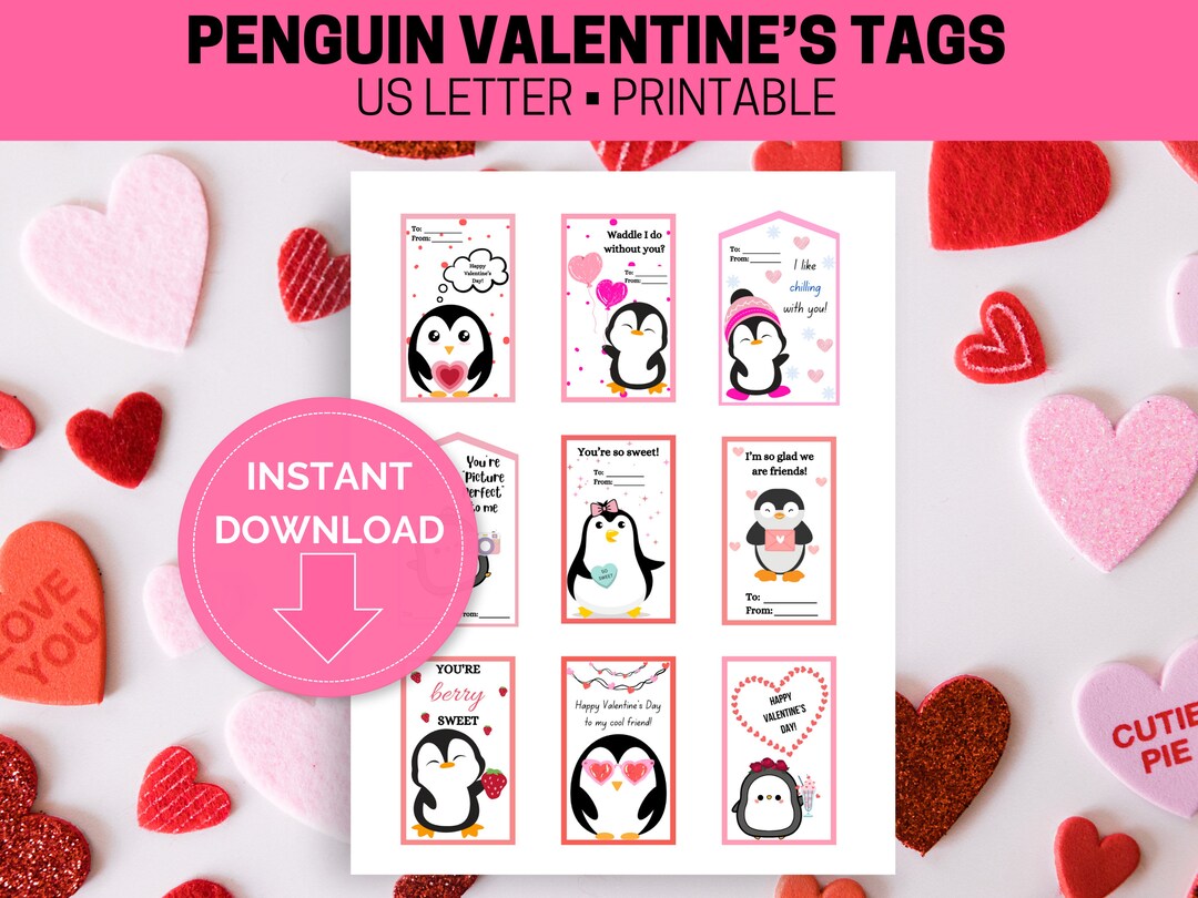 Cute Penguin Valentine Cards, Valentines for Kids, Printable Penguin ...