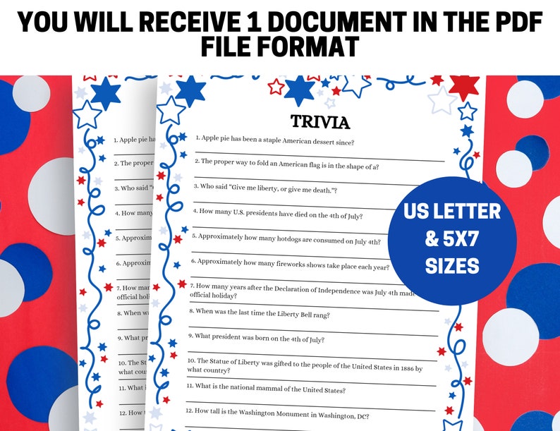 4th of July Trivia Game Printable, INSTANT DOWNLOAD, Independence Day ...