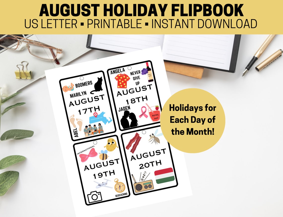 Daily August Flip Calendar Printable, August Calendar 2023, August ...