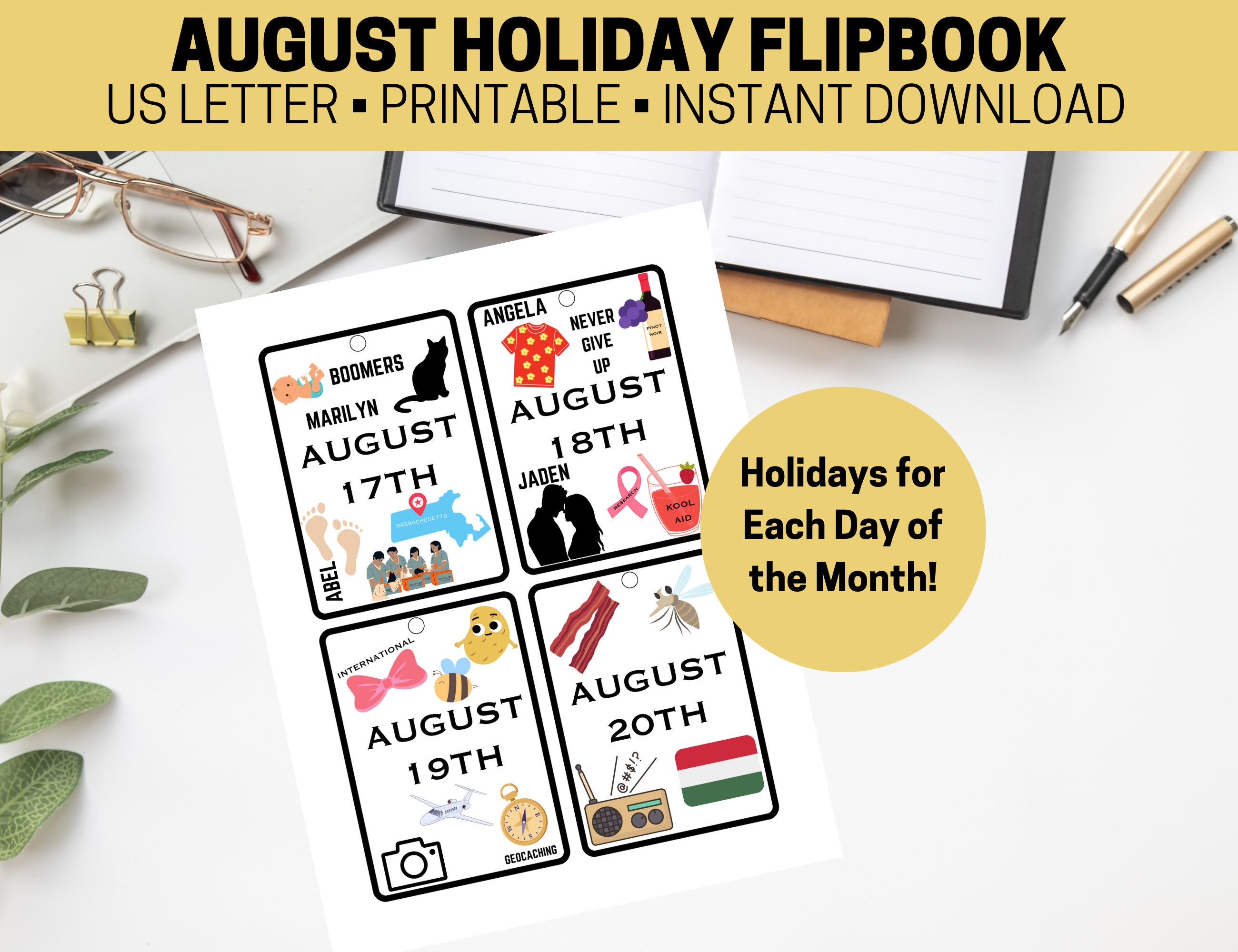 Daily August Flip Calendar Printable, August Calendar 2023, August ...