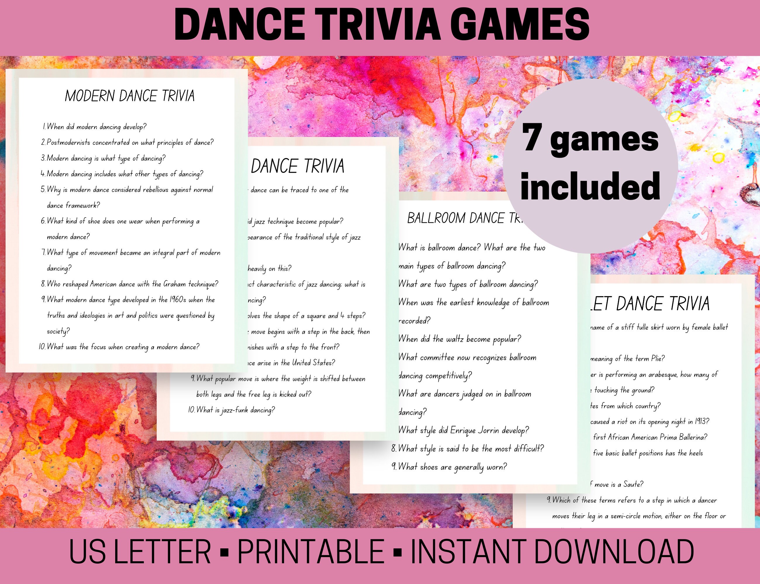 Dance Trivia Games Printable, Dance Teacher Printable, Dance Printable ...