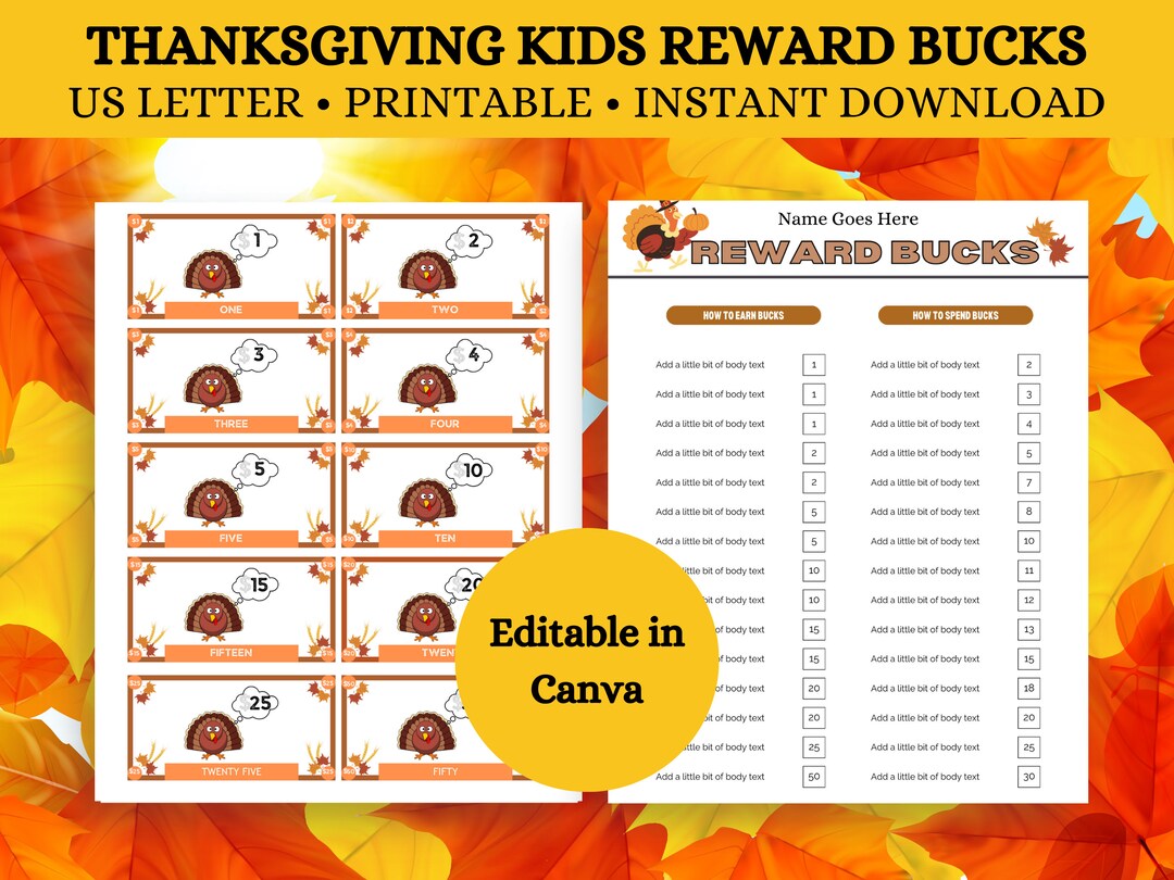 Thanksgiving Reward Bucks, Chore Chart, Editable Kids Reward System ...