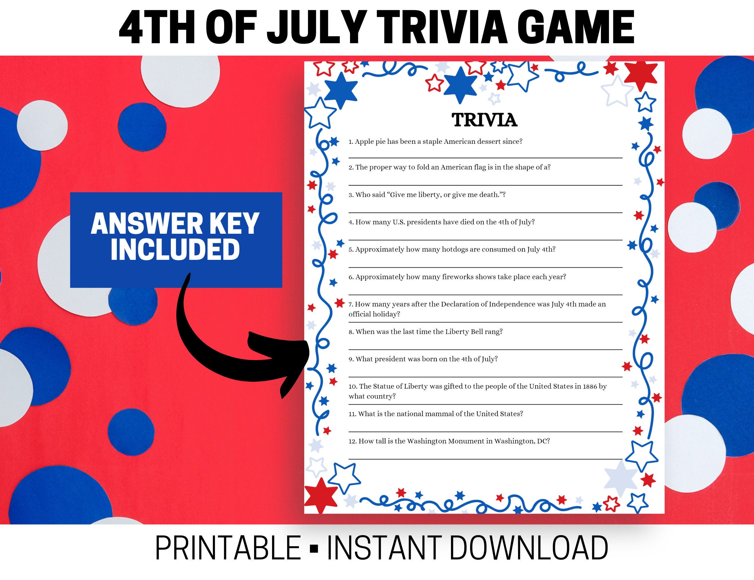 4th of July Trivia Game Printable, INSTANT DOWNLOAD, Independence Day ...