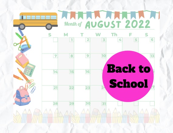 Back to School August Calendar Printable - Etsy