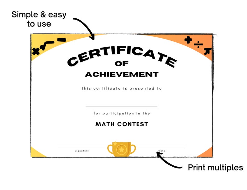 Math Contest Certificate of Achievement (printable PDF) - Etsy