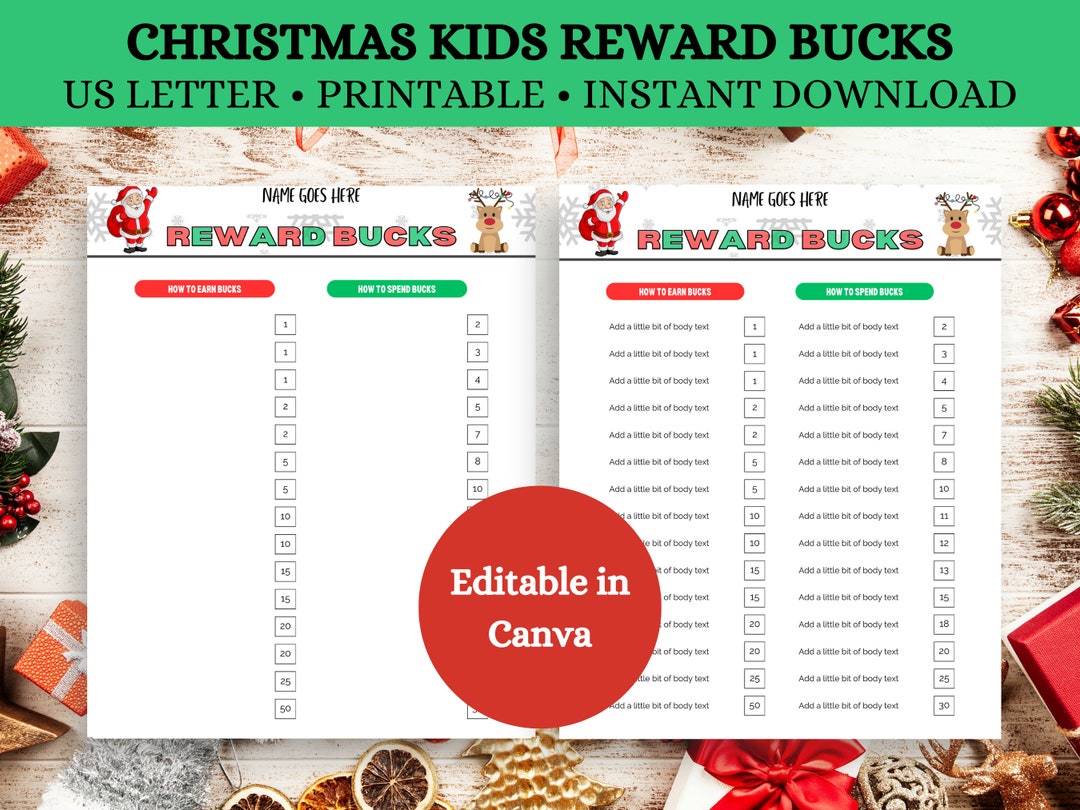 Christmas Reward Bucks for Kids DIGITAL, Santa Holiday Reward System ...