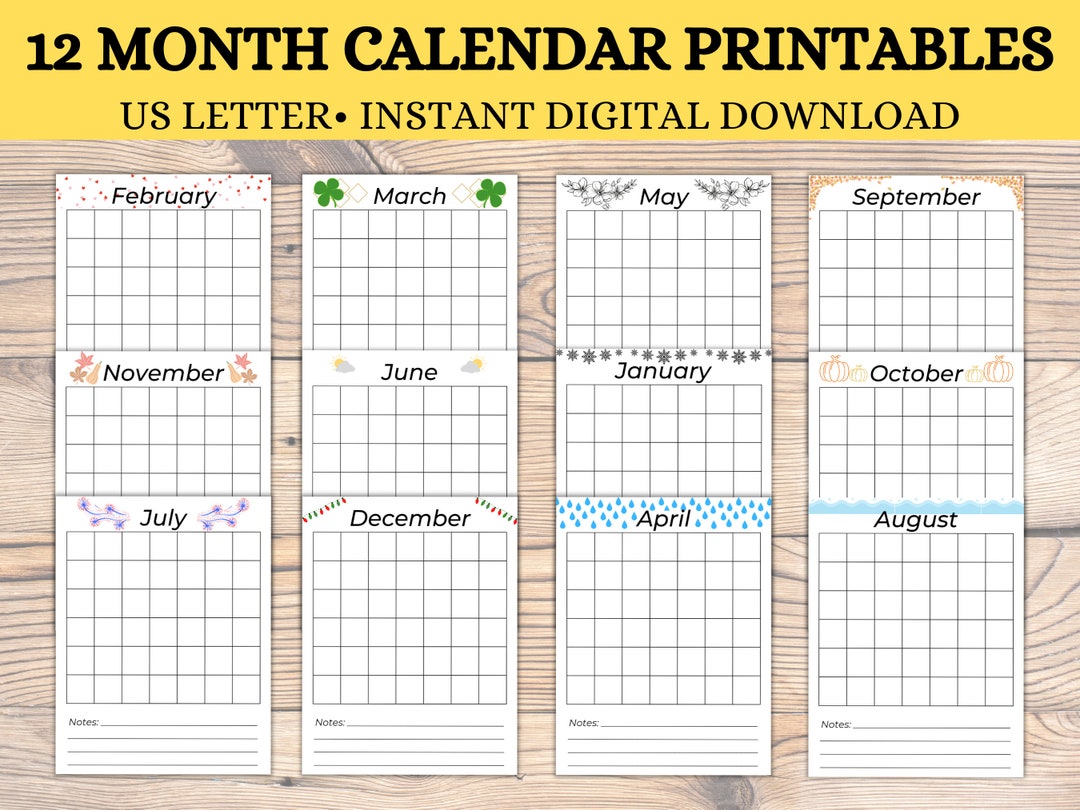 REUSABLE 12 Month Calendar With Notes Printable - Etsy