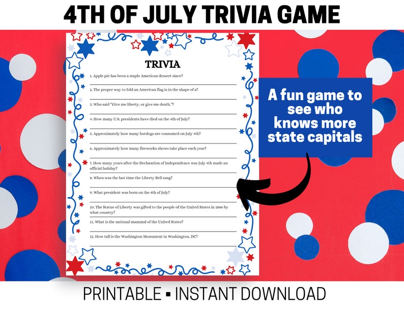 4th of July Trivia Game Printable, INSTANT DOWNLOAD, Independence Day ...