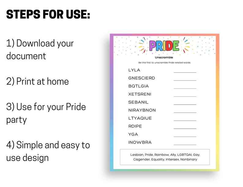 PRIDE Month Game Printable, LGBTQ+ Pride Party Game, Pride Unscramble ...